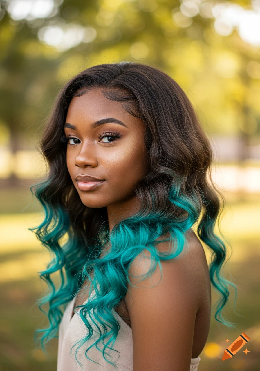 A photorealistic portrait of a young woman with long dark hair, the ...