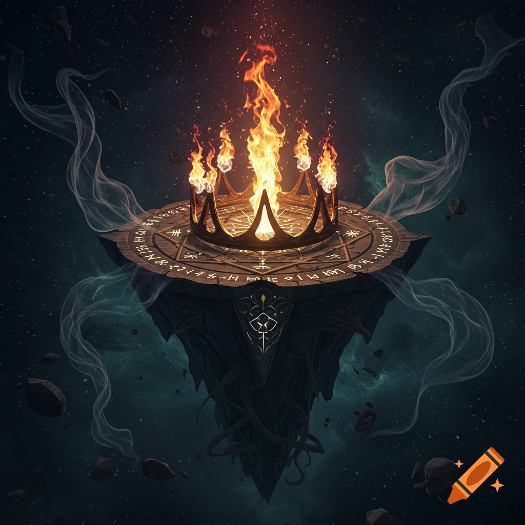 A radiant, mystical altar with a crown of flames floats in a star ...