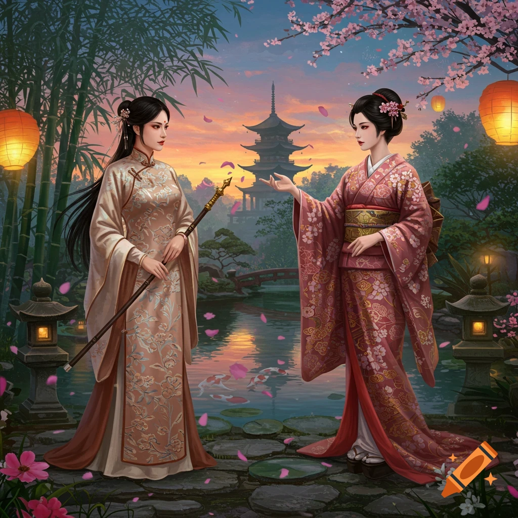 An East Asian princess in ornate traditional attire stands with a white ...