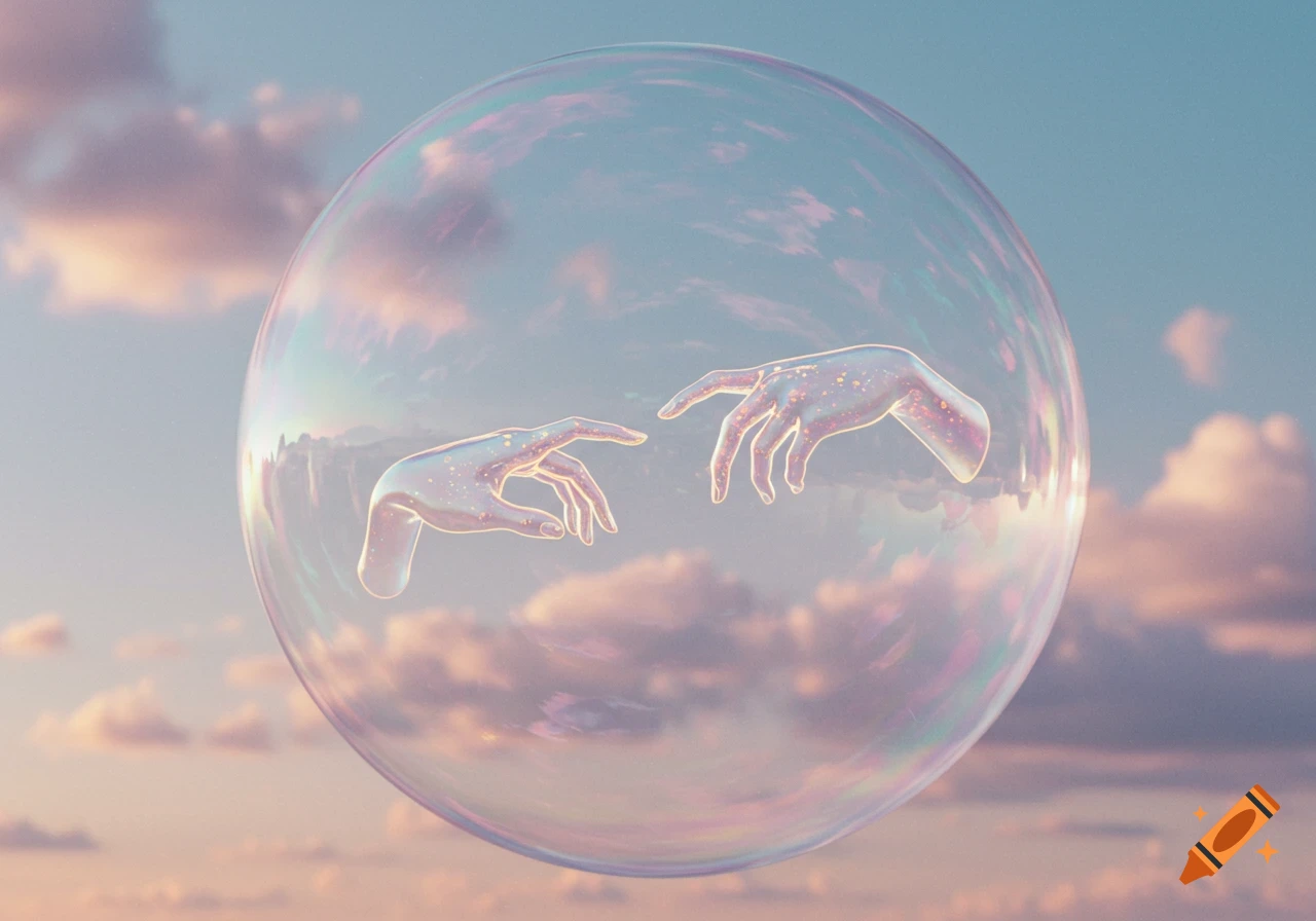 Two shimmering, ethereal hands inside a large clear bubble, reaching ...