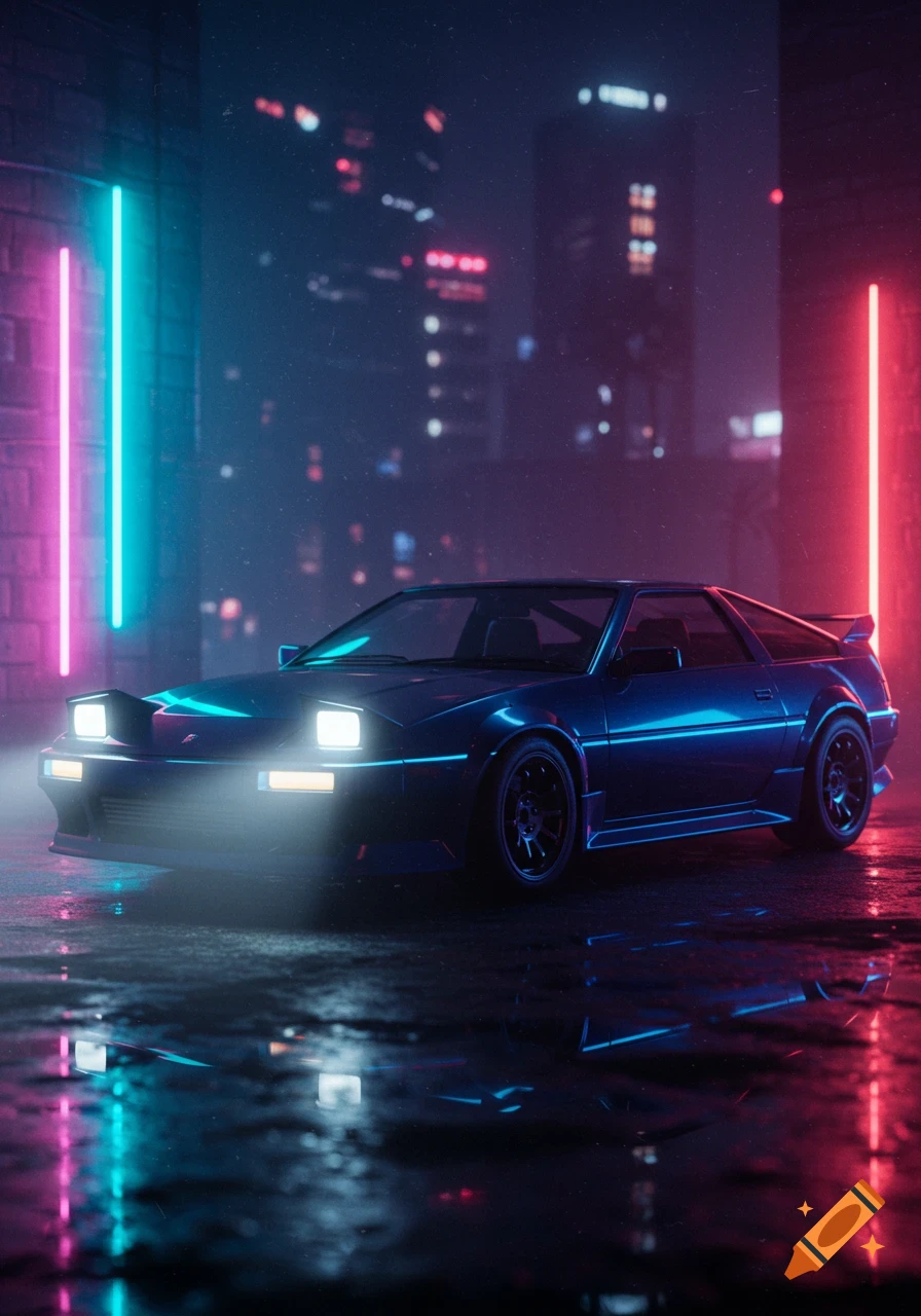 A midnight purple BMW E39 sedan sits on a wet city street at night ...