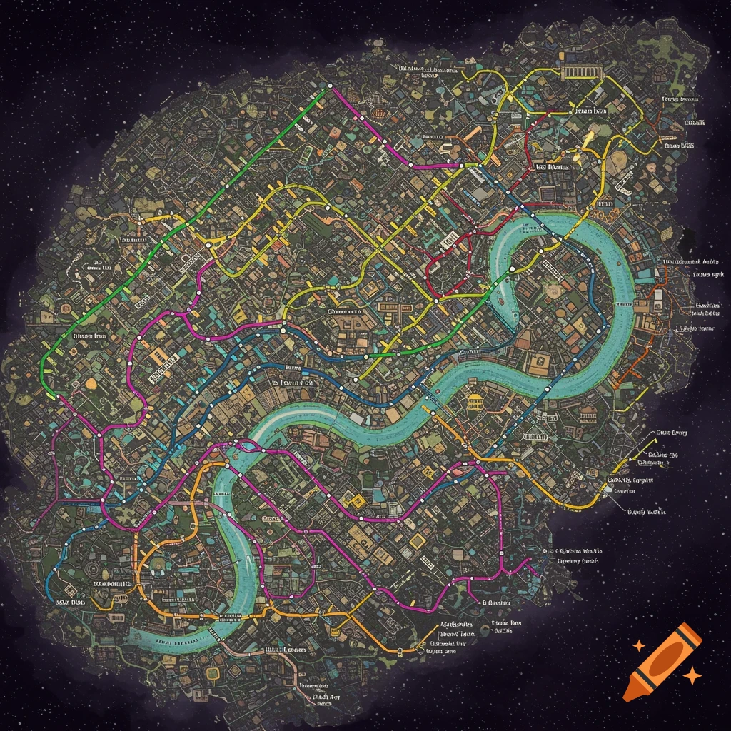 A colorful, intricate fantasy tube map of a fictional city, with a ...