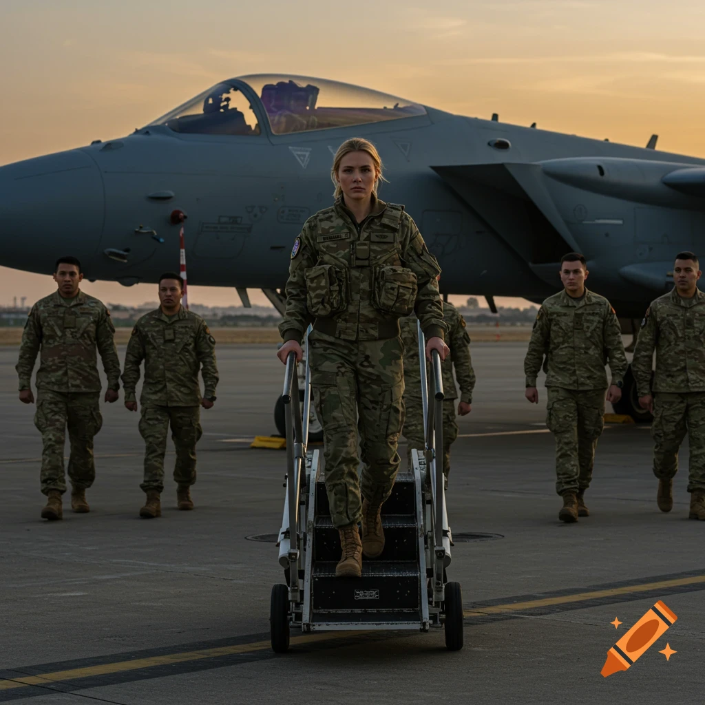 A blonde woman in military fatigues descends stairs from a large ...