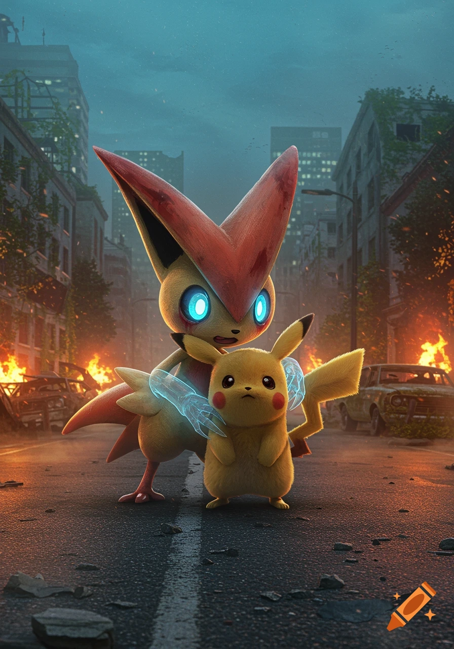 Victini and Pikachu stand in a desolate, fiery city street, with ...