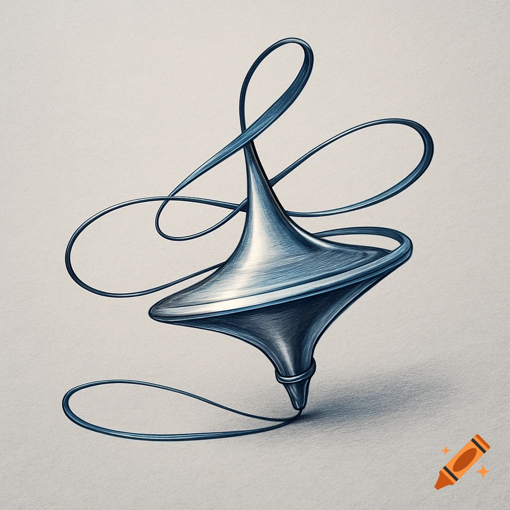 A metallic, stylized spinning top with swirling abstract lines around ...