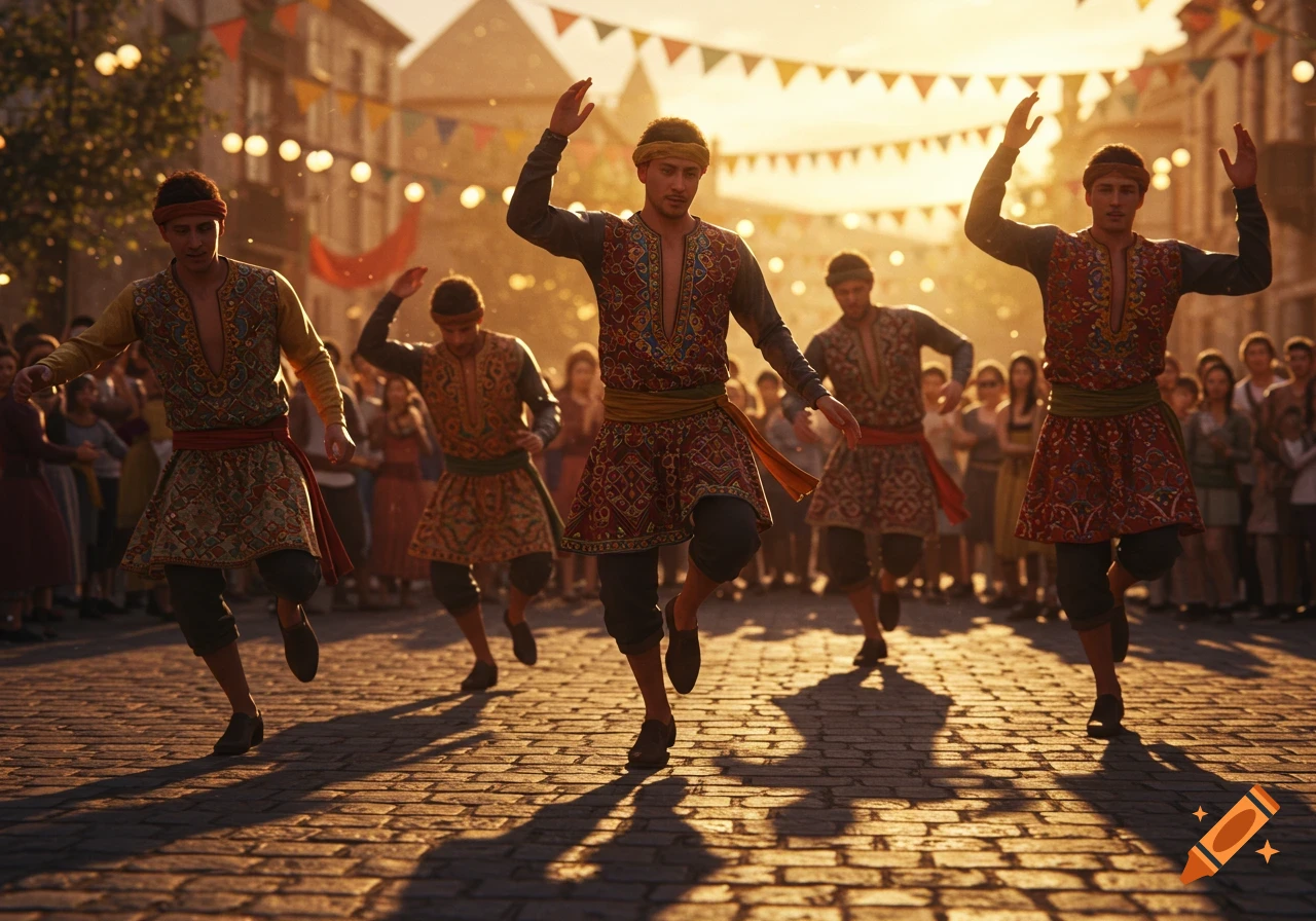 Four men in colorful traditional attire dance on a cobblestone street ...