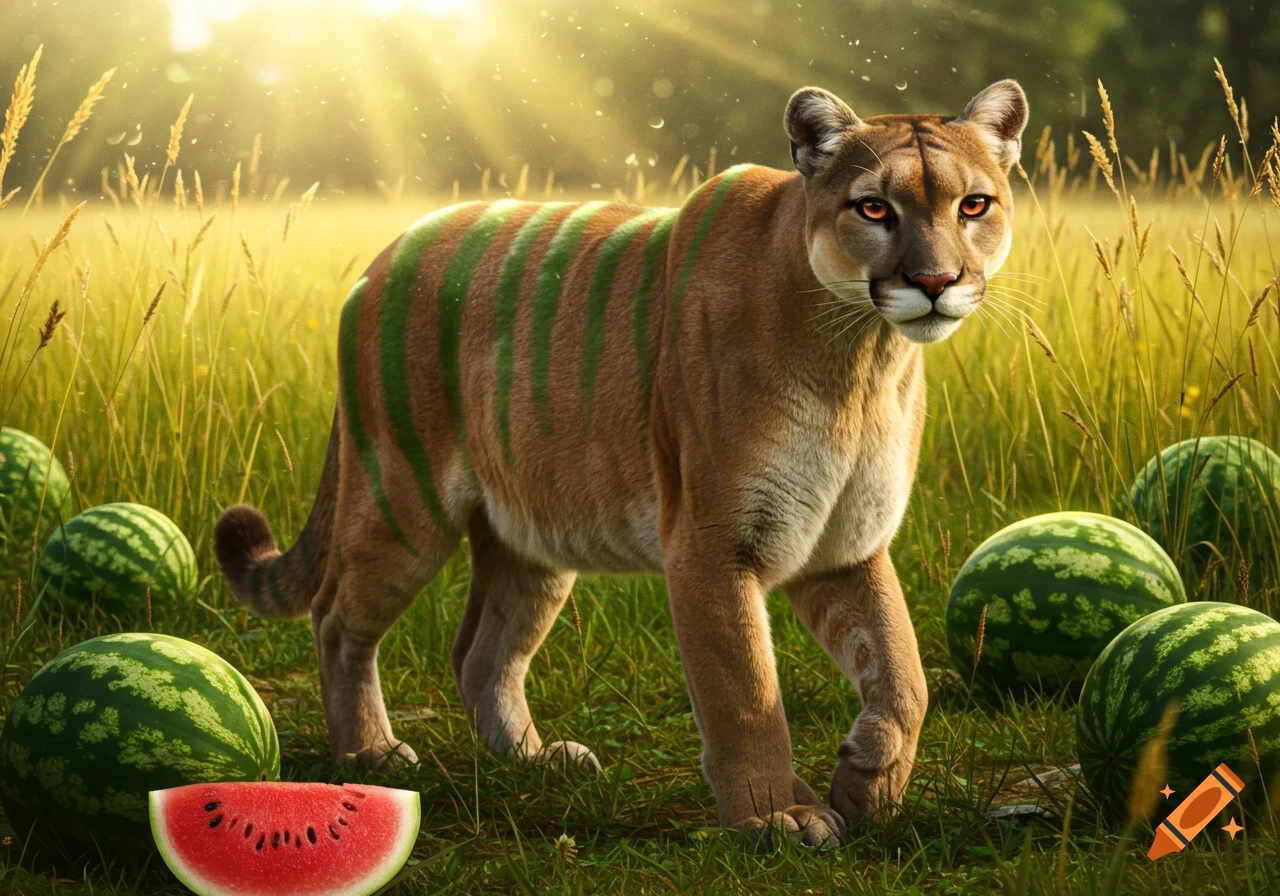 A photorealistic puma with green stripes like a watermelon, standing in a sunny field among ...