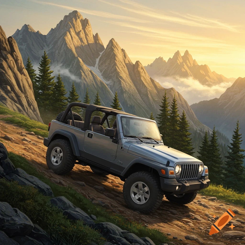 A gray Jeep Wrangler climbs a dirt path through a mountain range at ...