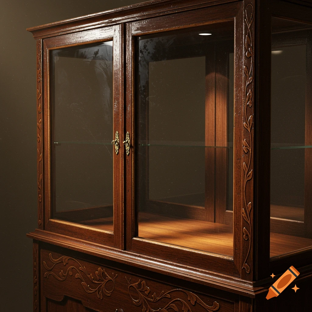 A close-up, photorealistic view of an empty antique wooden display case ...