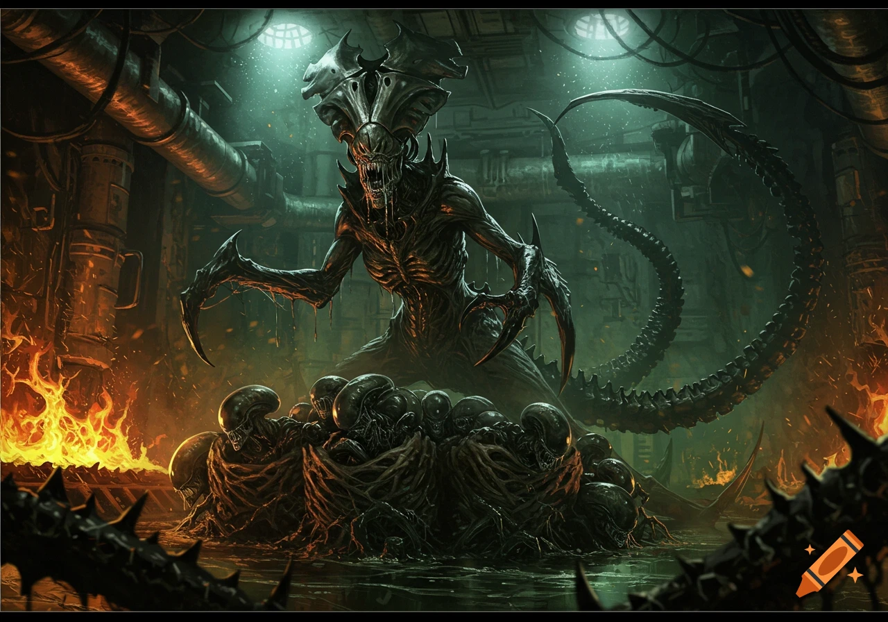 A grotesque alien queen with a crown and long tail looms over a nest of ...