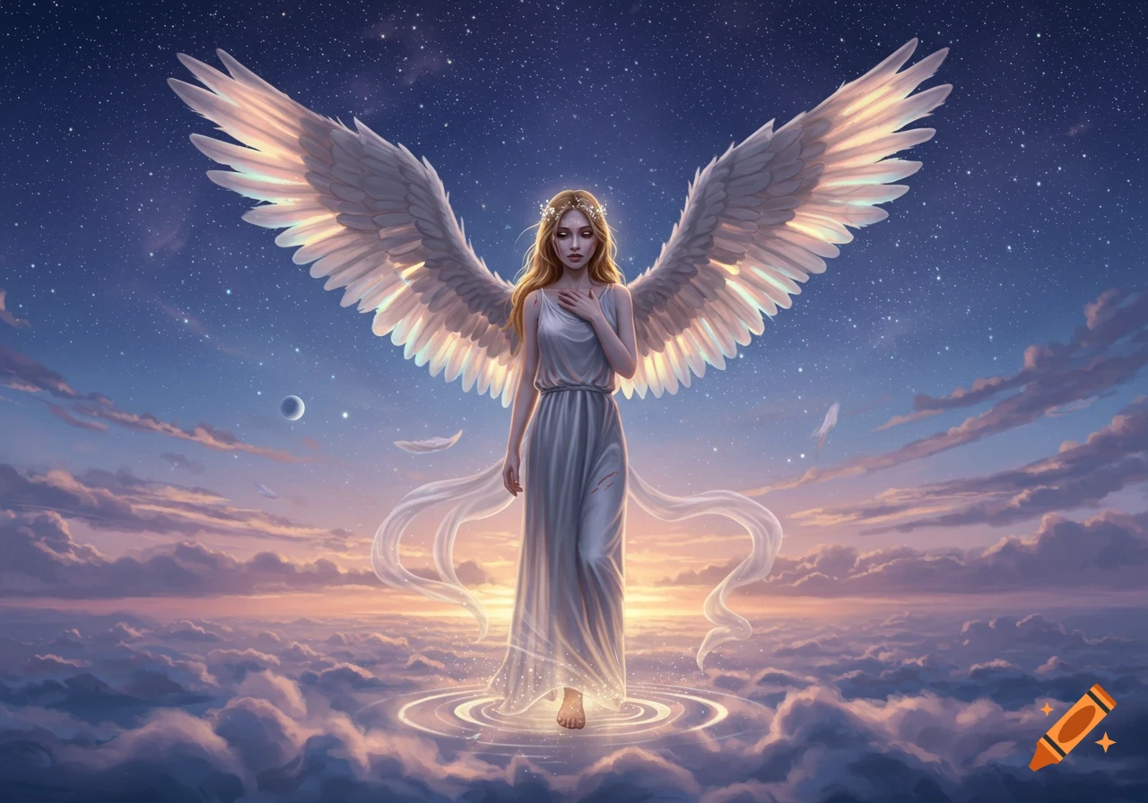 A serene angelic figure with iridescent wings reads a glowing book ...