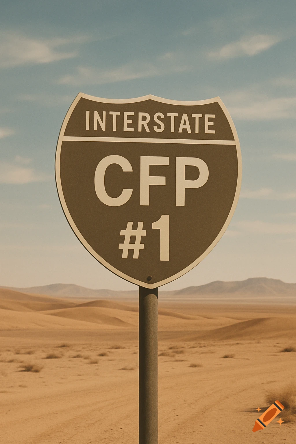 An Interstate highway sign for 'CFP #1' stands in a vast, sandy desert ...