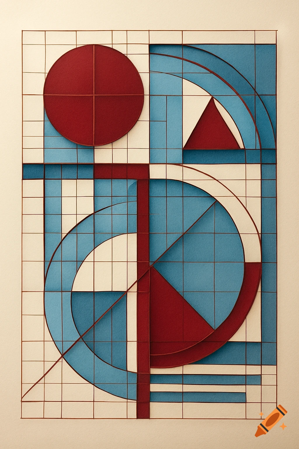 A Bauhaus-style abstract geometric composition with red, blue, and ...