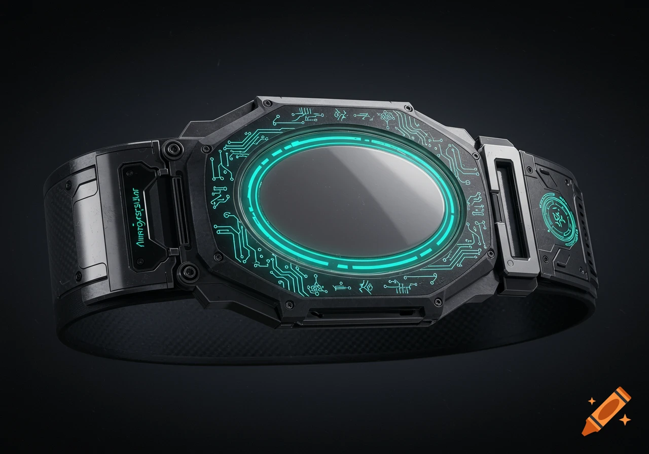 A futuristic dark gray and black belt with a central oval-shaped mirror ...