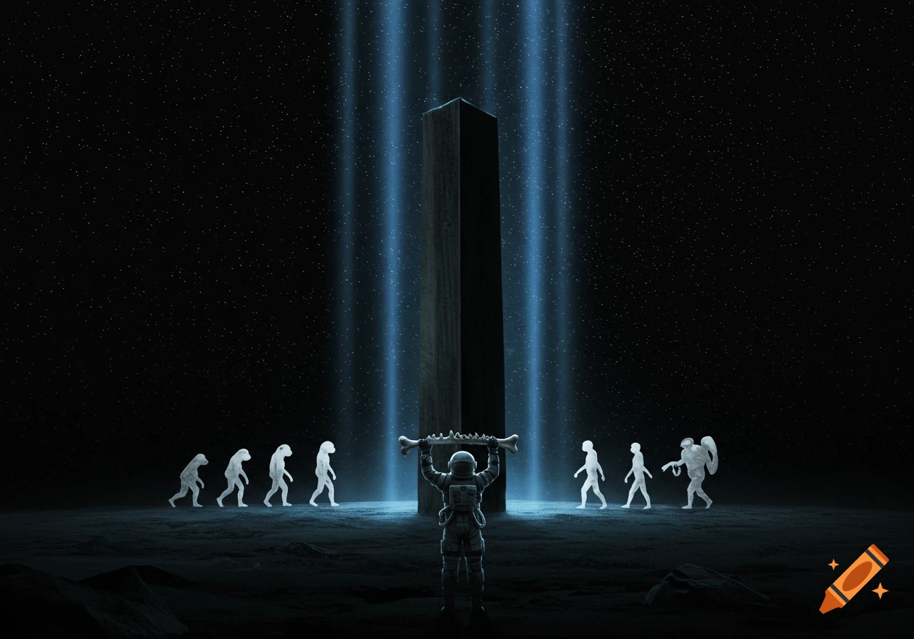 A dark monolith stands in a vast, snow-covered desert with a lone ...