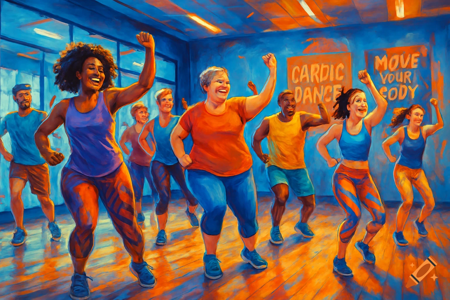 A group of diverse people joyfully participating in a cardio dance ...