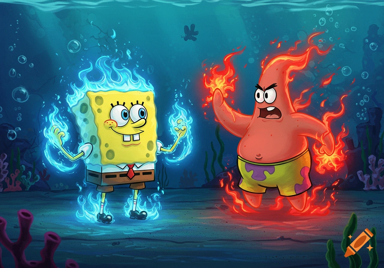 SpongeBob, surrounded by blue fire, stands opposite an angry Patrick ...