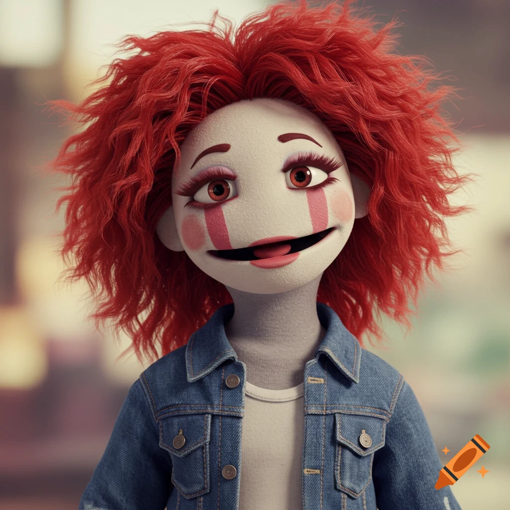 Close-up of a puppet with wild red hair, a white face with makeup ...