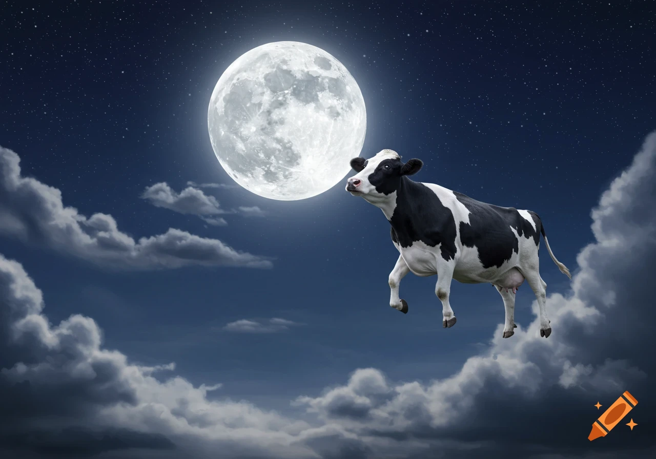 A black and white cow appears to be flying through a cloudy night sky ...