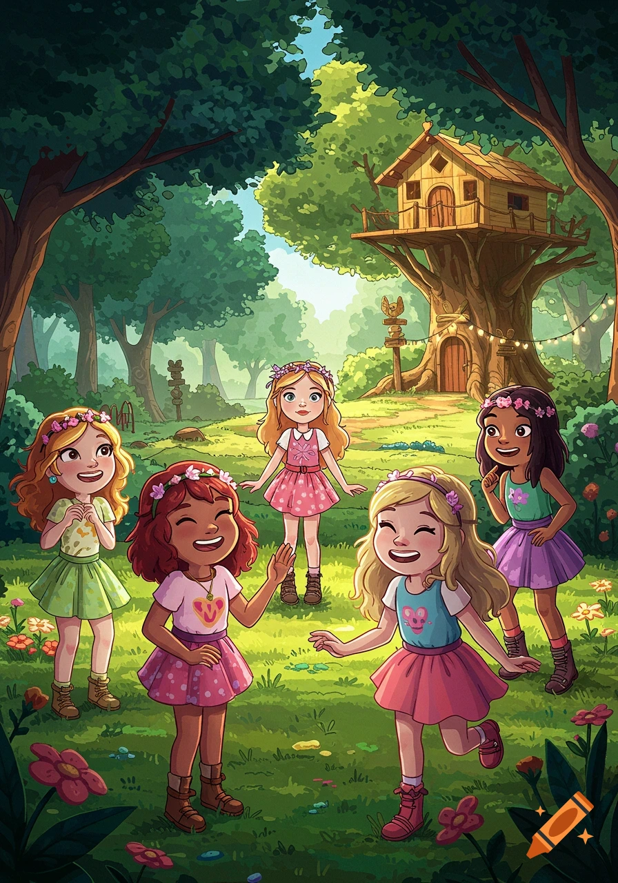Four colorful, stylized cartoon girls in sparkly dresses stand in a ...