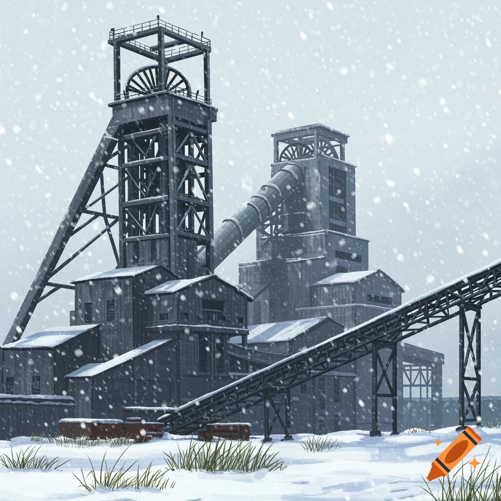 A digitally illustrated coal mine complex in a snowy winter landscape ...