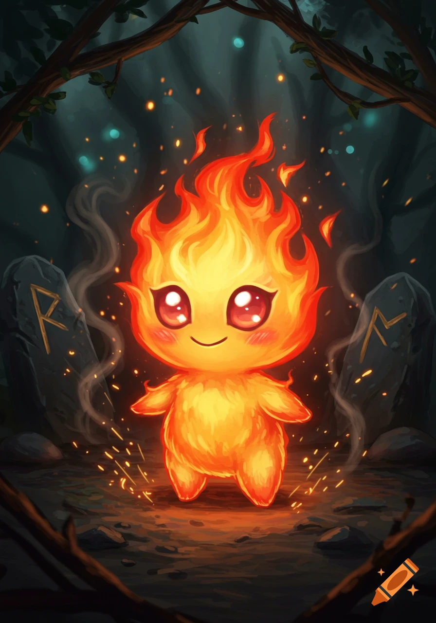 A friendly, orange, furry fire monster with horns and flames on its ...