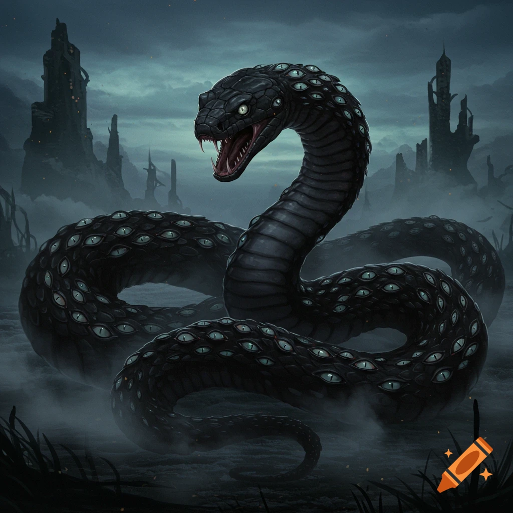 A dark, multi-eyed snake with an open mouth stands in a misty, ruined ...