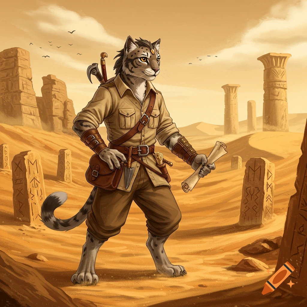 Anthro Tabaxi archaeologist stands in a desert with ancient ruins and ...