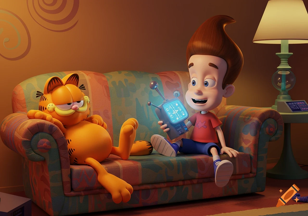 Garfield the cat lounges on a colorful couch next to Jimmy Neutron, who holds a glowing ...