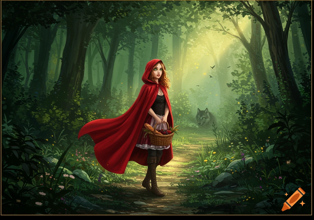 Little Red Riding Hood walks on a forest path, holding a basket, as a ...