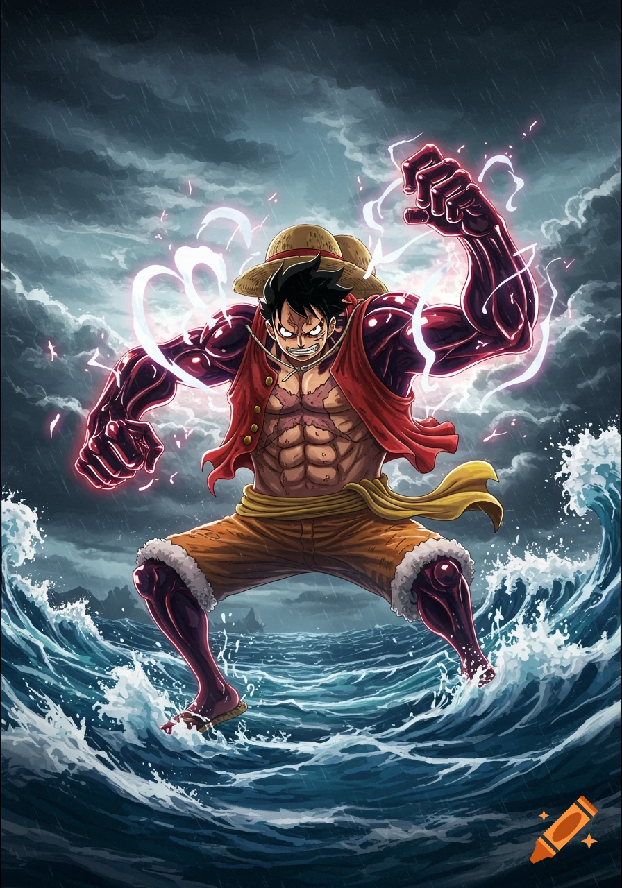 Anime style illustration of Monkey D. Luffy with dark glossy arms and a ...