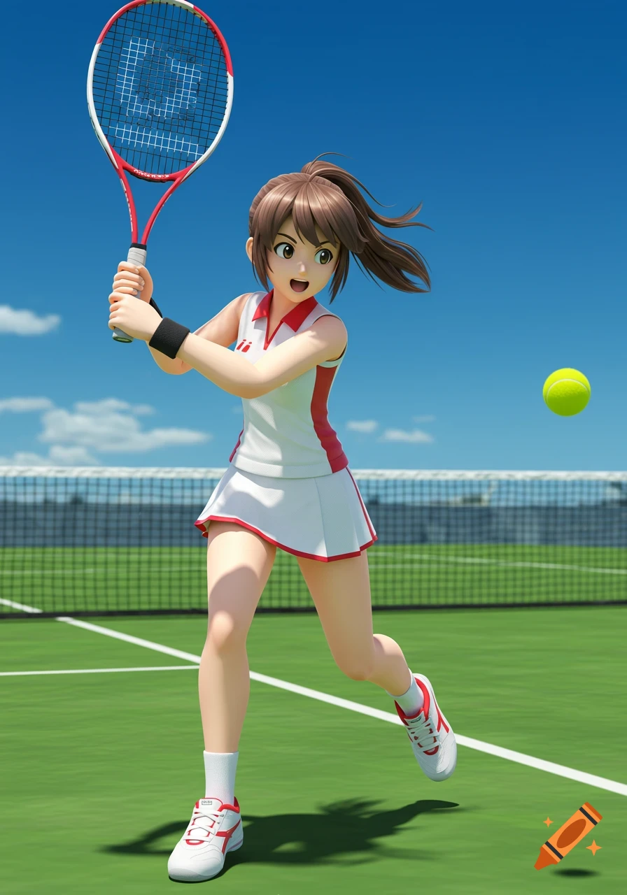 An anime girl in a white and red tennis outfit swings a racket on a ...