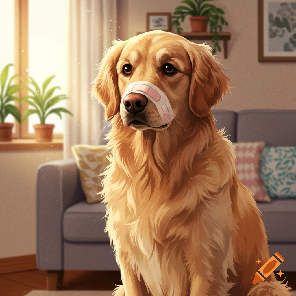 A fluffy golden retriever puppy sits frontally against a dark ...