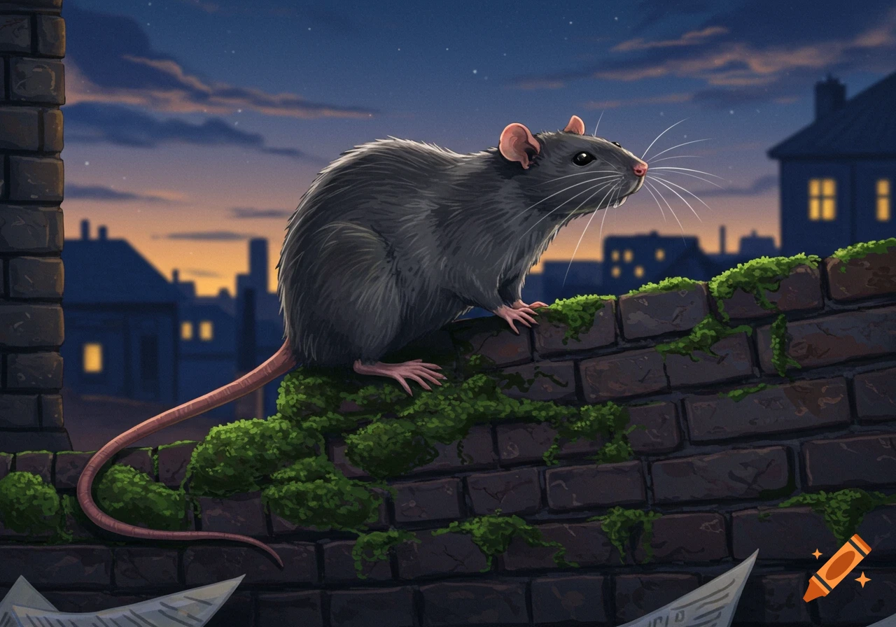 Two rats stand in a dark, wet sewer tunnel with green glowing mushrooms ...