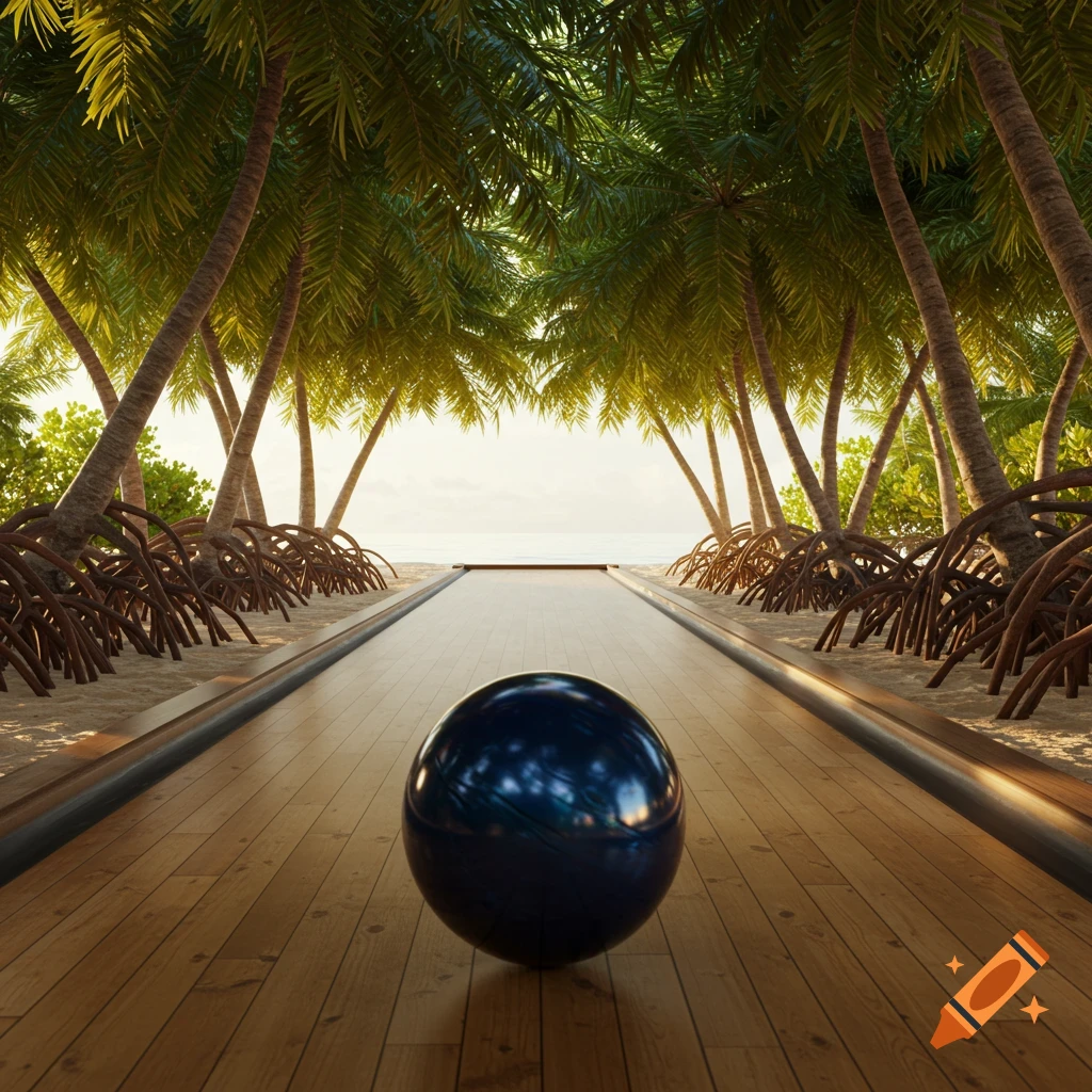 A dark bowling ball resting on a wooden lane that stretches through a ...