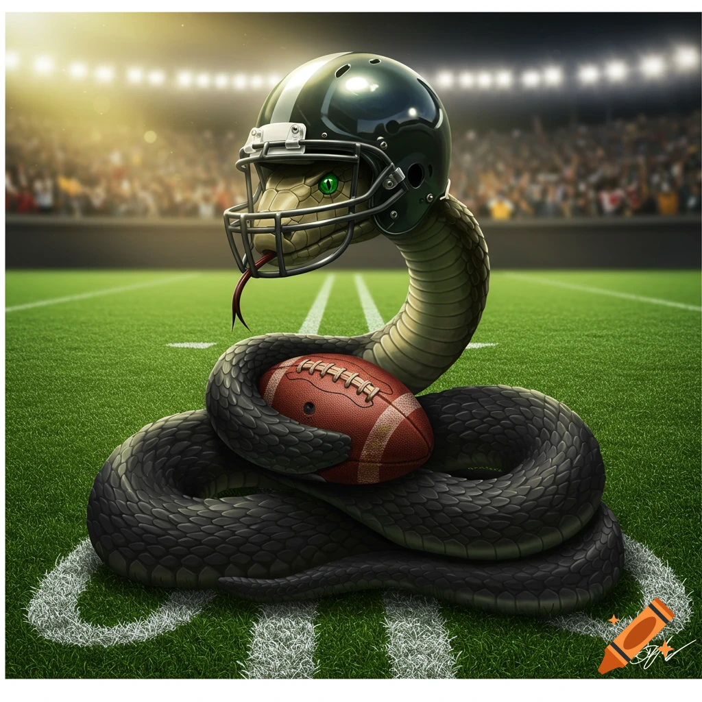 A black mamba snake wearing a football helmet and holding a football on ...