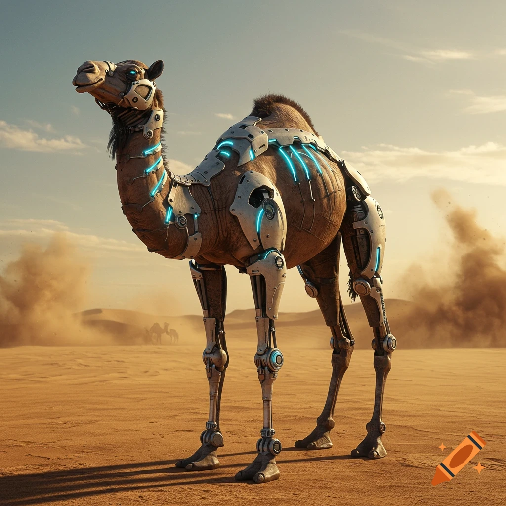 A photorealistic image of a futuristic cyborg camel standing in a sandy ...