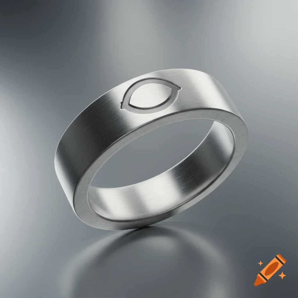 A close-up of a silver brushed metal ring with a stylized oval symbol ...