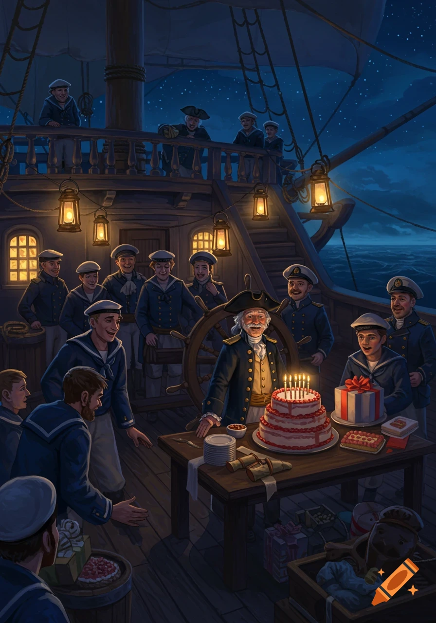 A smiling ship captain stands by a birthday cake with lit candles ...