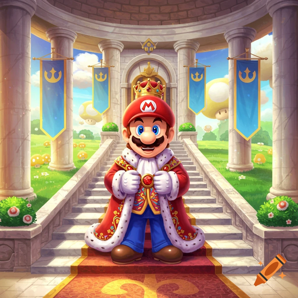 Mario, dressed as a king in a red and white fur-lined cape and gold ...