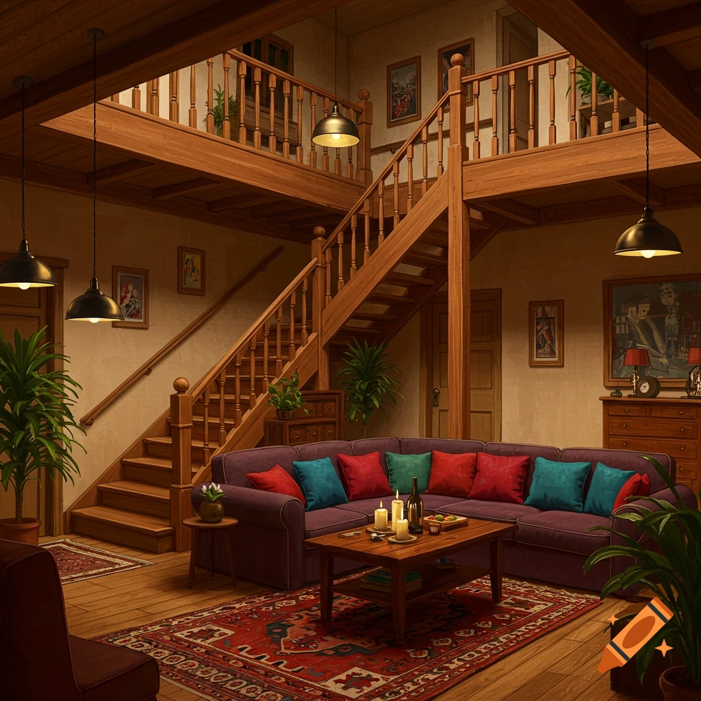 A cozy multi-level interior living room with wooden stairs, purple couch with colorful cushions ...