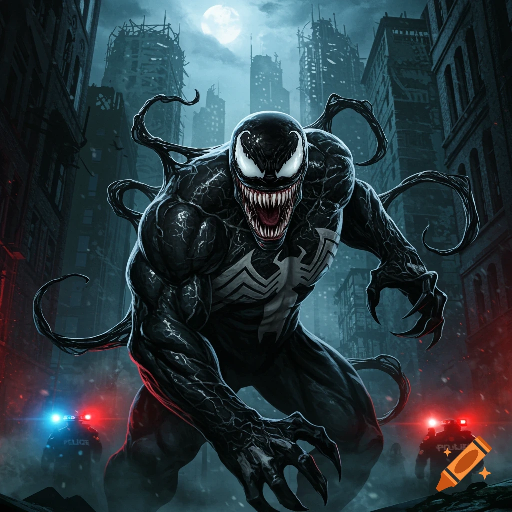 Venom, a large black symbiotic creature with white eyes and sharp teeth ...