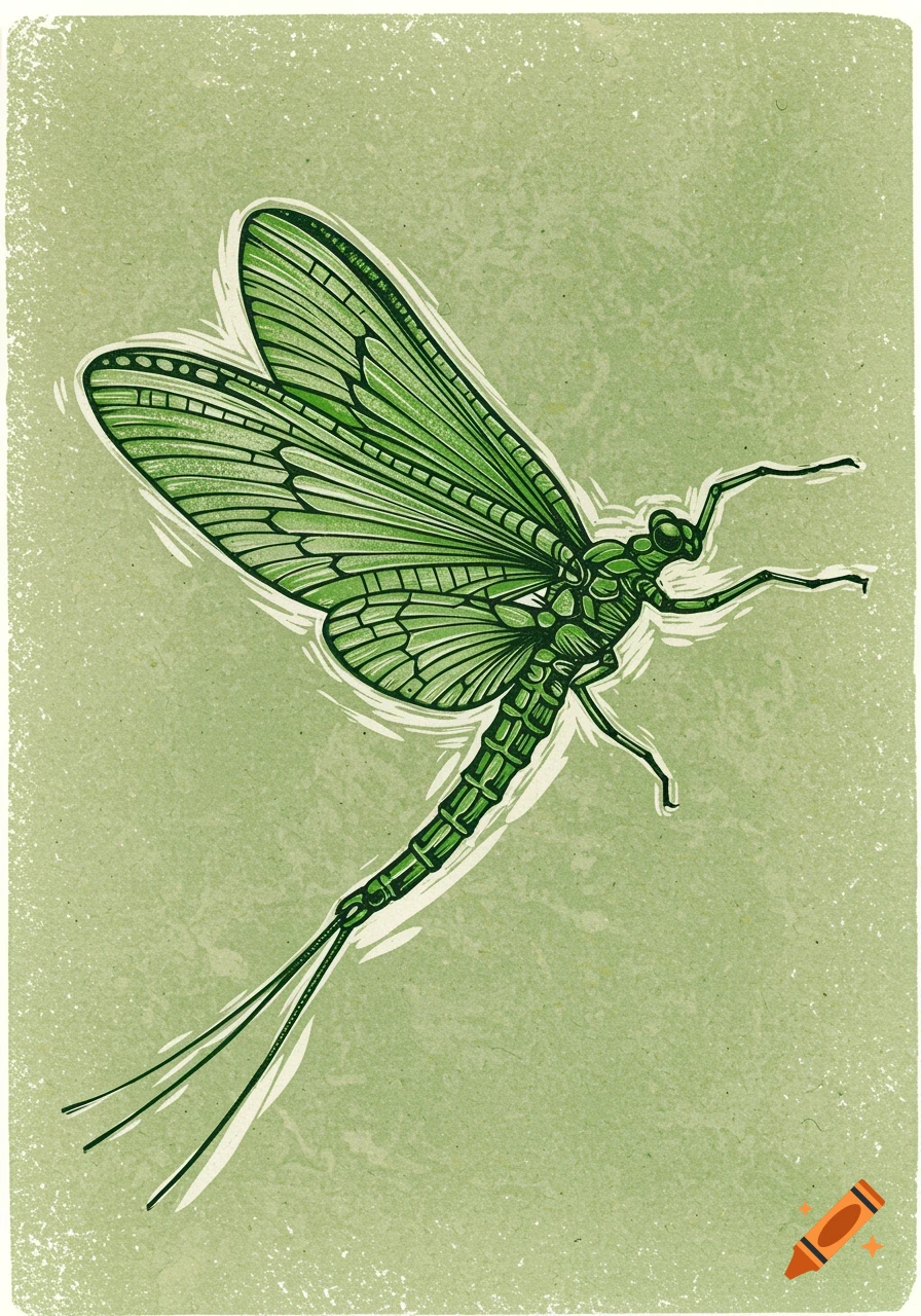 A green mayfly in a textured lino print style on a light green ...