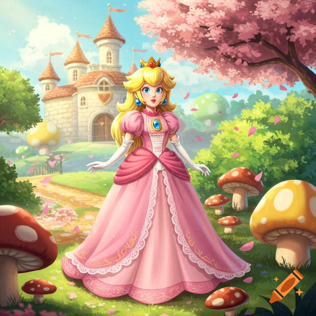 Princess Peach in a pink dress stands in a vibrant fantasy landscape ...