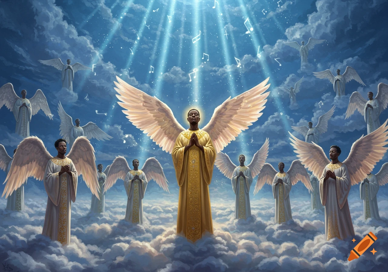 A majestic angel with large luminous white wings and a golden halo ...