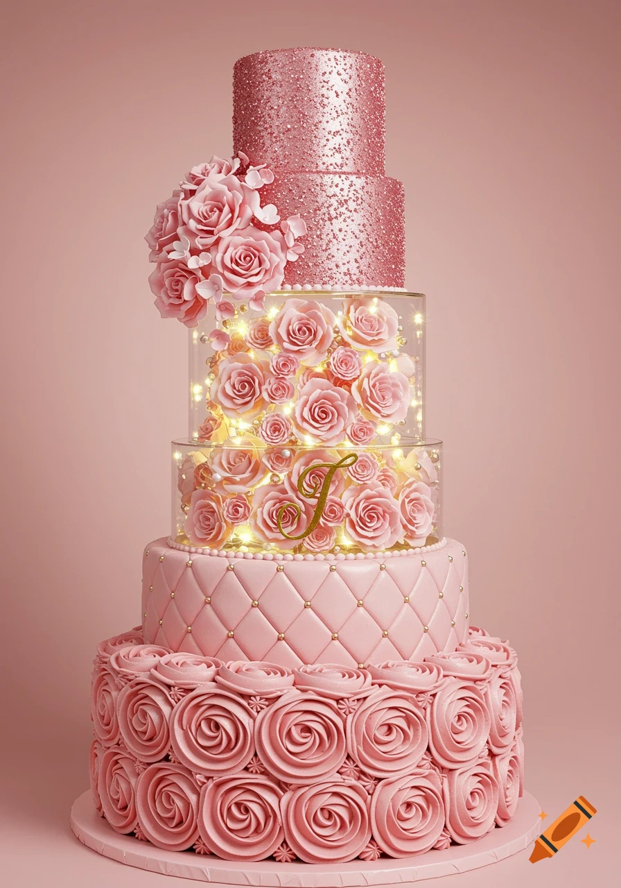 A luxurious pink four-tier quinceañera cake decorated with glitter ...