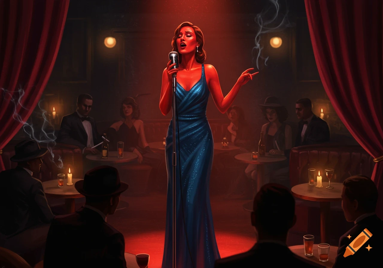 An illustrated scene of a woman with red-toned skin singing into a ...