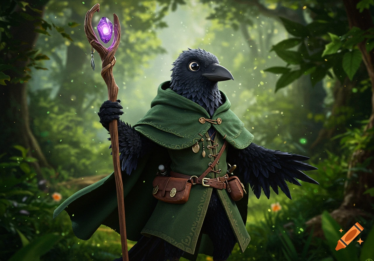 Photorealistic image of a kenku rogue, a raven-like creature in a green ...