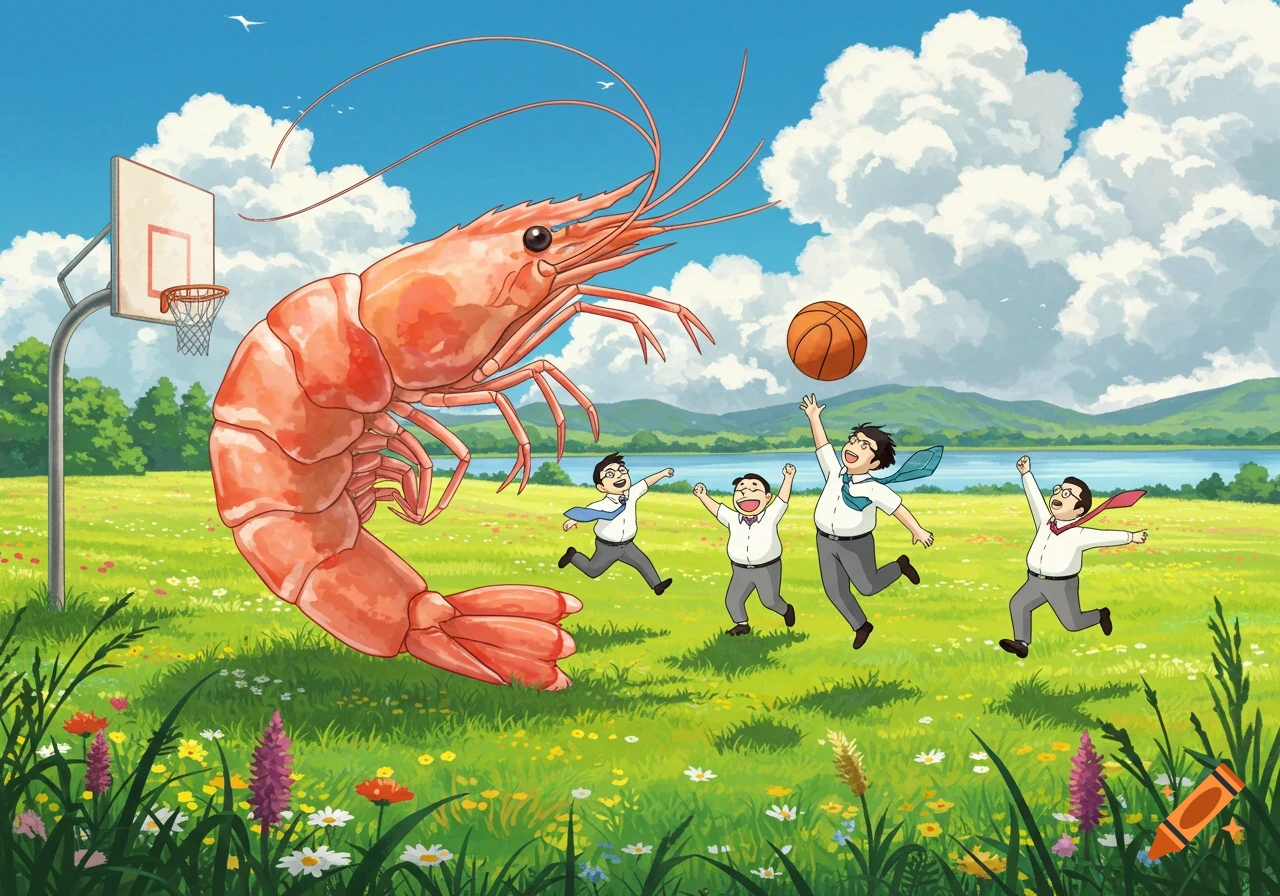 A giant shrimp and several men in Ghibli anime style play basketball in ...