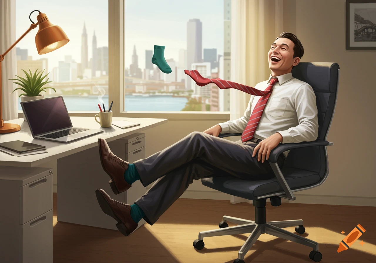 A happy office worker leans back in his chair, laughing, as his tie and ...